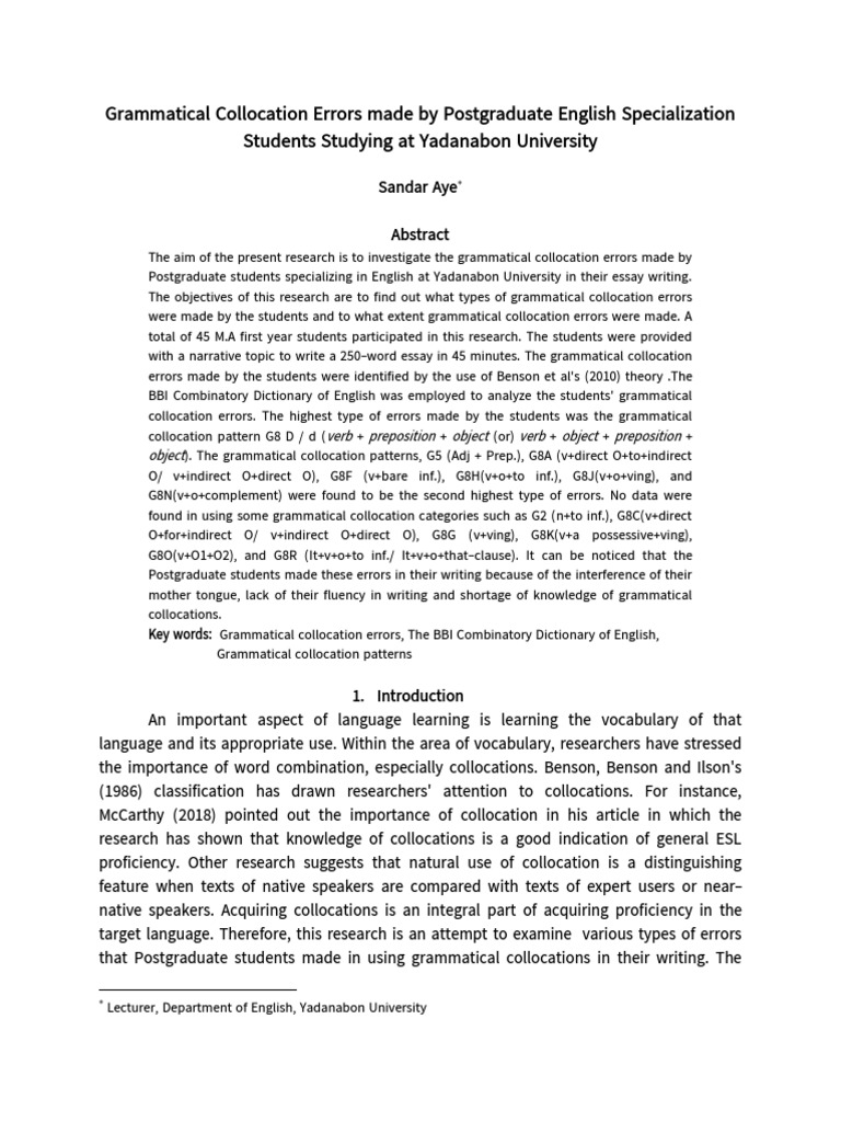 Grammatical Collocation Errors Made by Postgraduate English Specialization Students Studying at ...