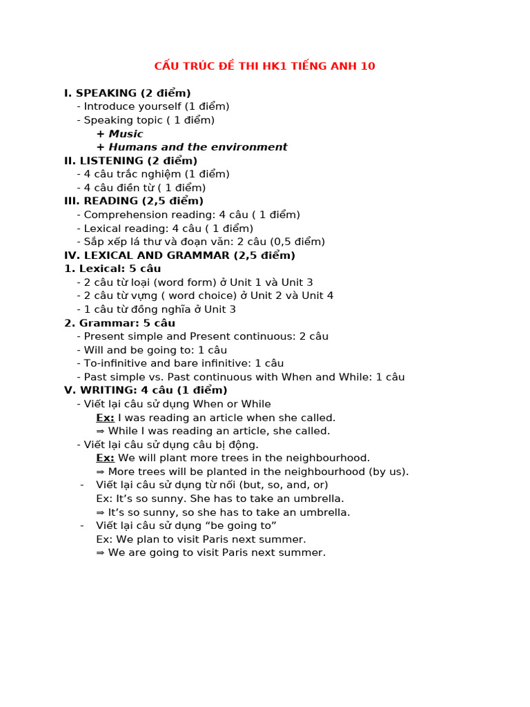 CẤU TRÚC ĐỀ THI HK1 TIẾNG ANH 10 | PDF