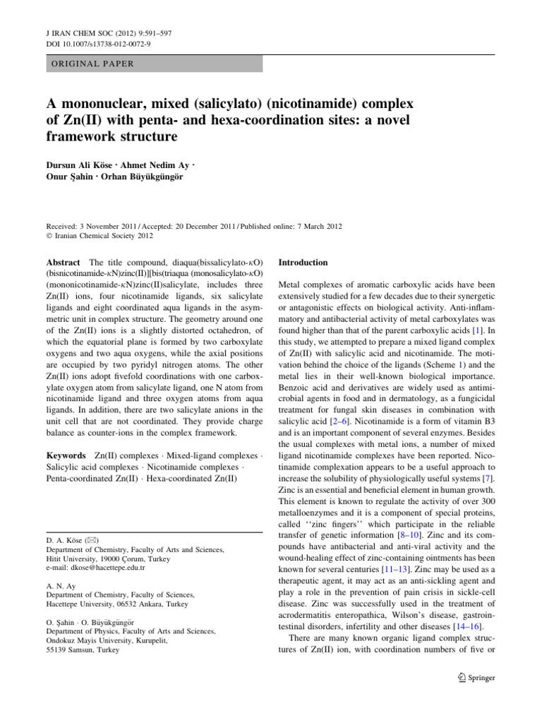 A Mononuclear Mixed Salicylato Nicotinam | PDF | Coordination Complex ...