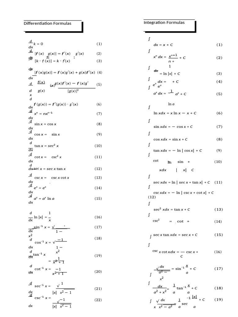 Differentiation Formulas Integration Formulas | PDF