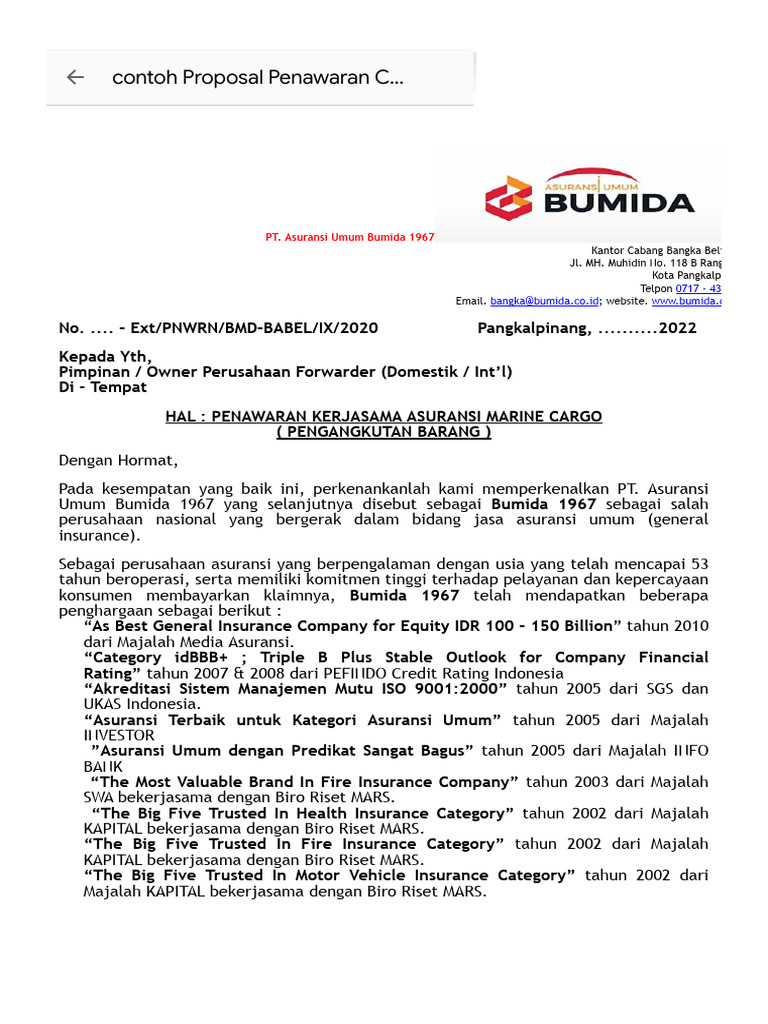 Contoh Proposal Penawaran Cargo Bumida Babel 2022 | PDF