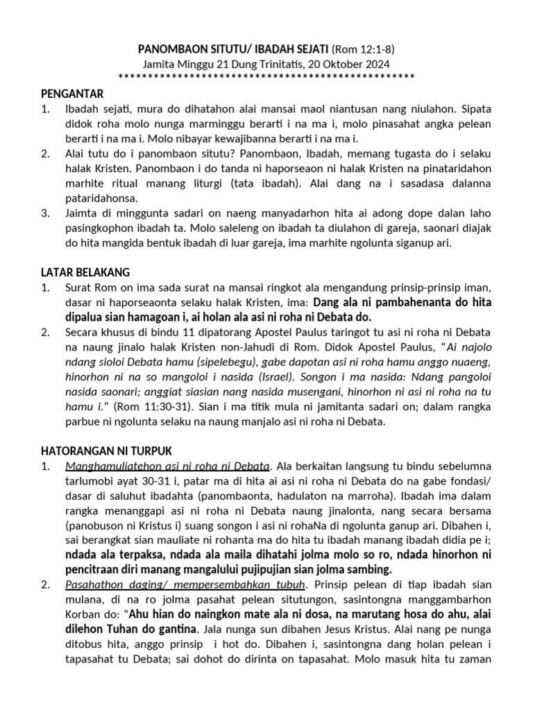 Jamita Minggu 21 Set. Trinitatis 20 Oktober 2024 - Roma 12 1-8 | PDF