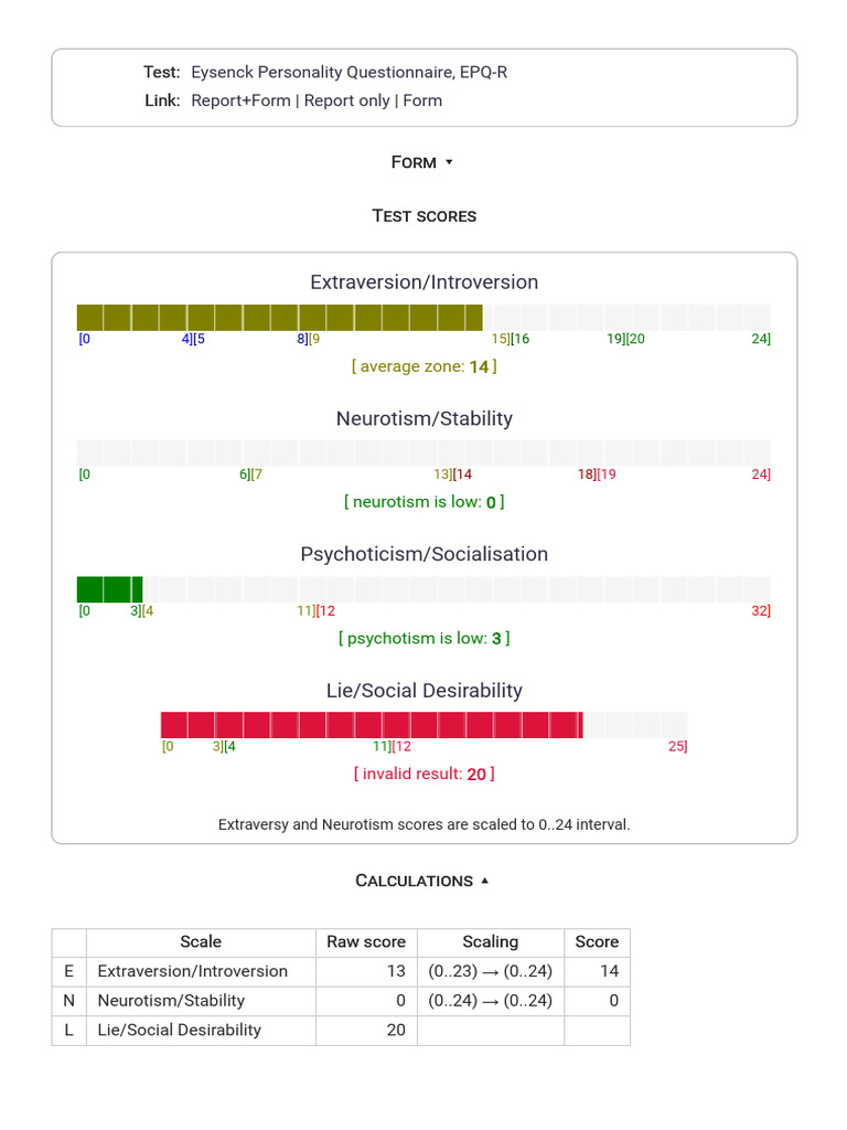 Eysenck Personality Questionnaire, EPQ-R - My Test Scores | PDF ...