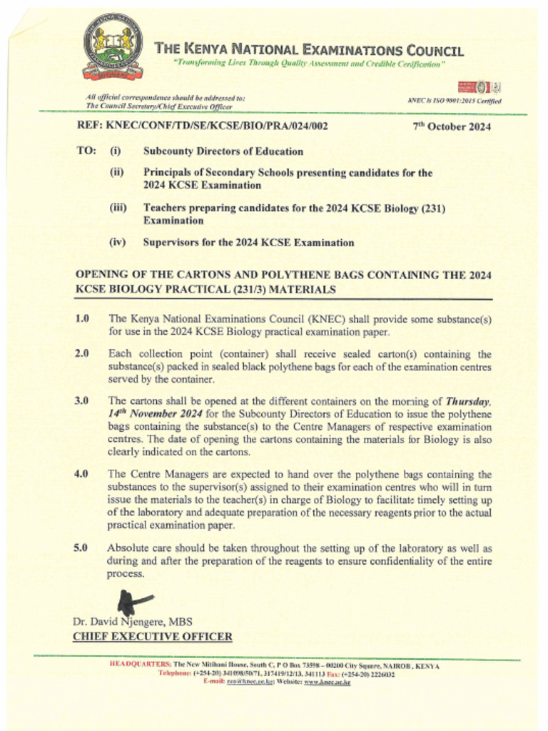 2024 Kcse Biology Practical Circular | PDF