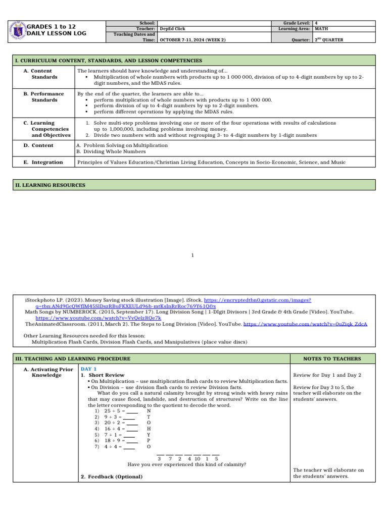 MATH 4_Q2_WEEK 2 | PDF | Division (Mathematics) | Learning