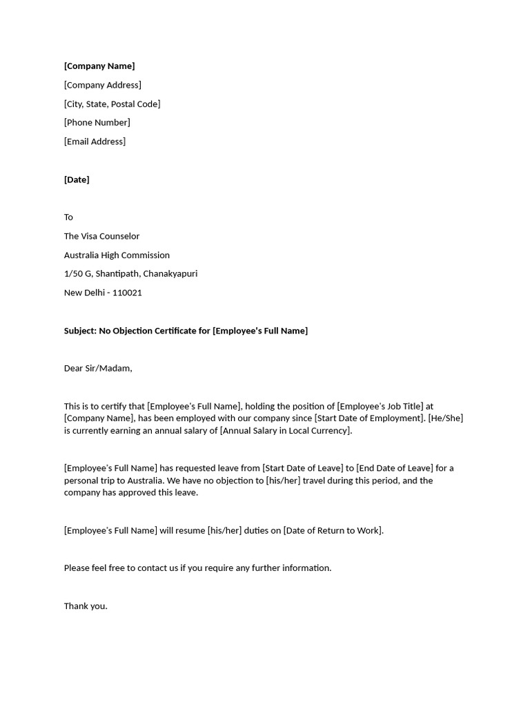 NOC for Employee's Australia Trip | PDF