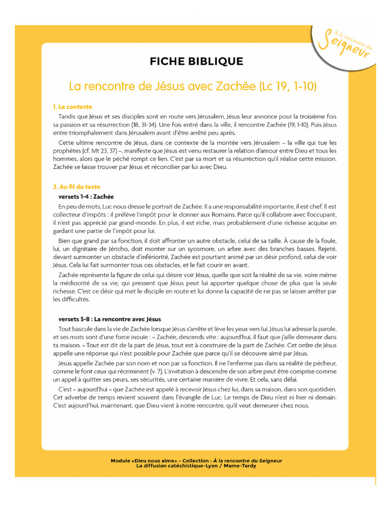 Fiche-La Rencontre de Jésus Avec Zachée (LC 19, 1-10) | PDF