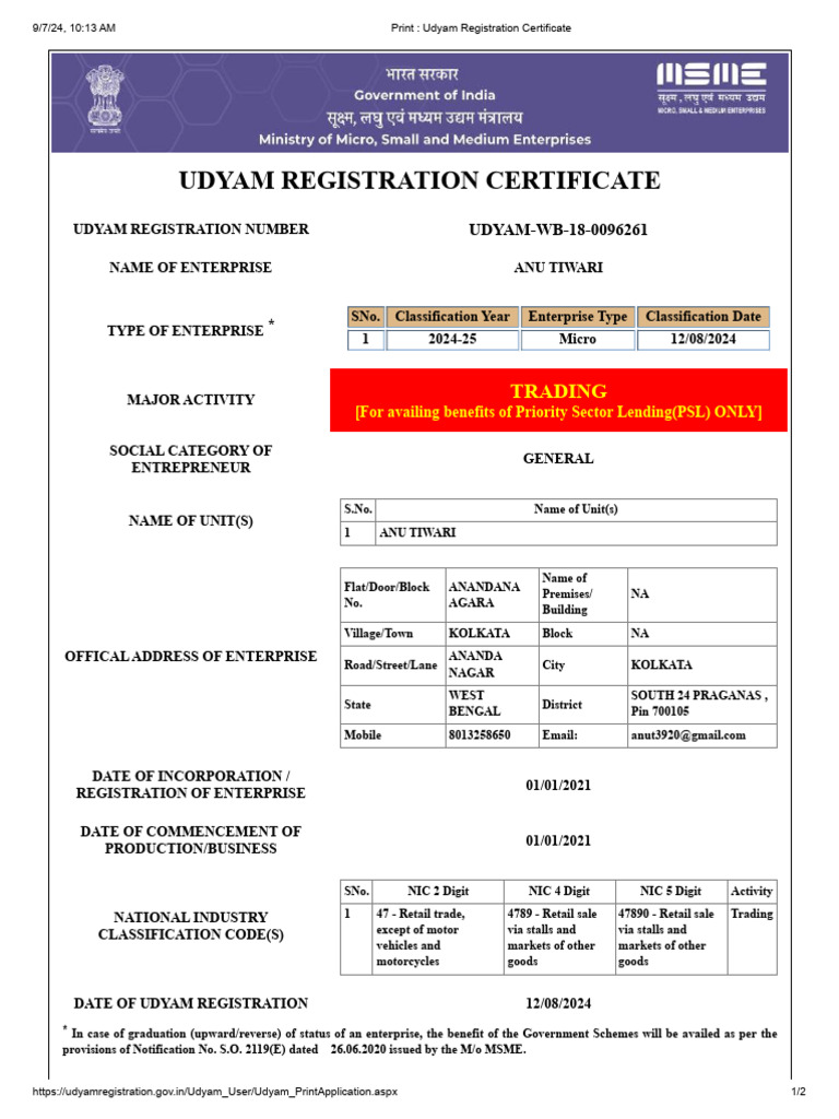 Print - Udyam Registration Certificate Anu Ti | PDF