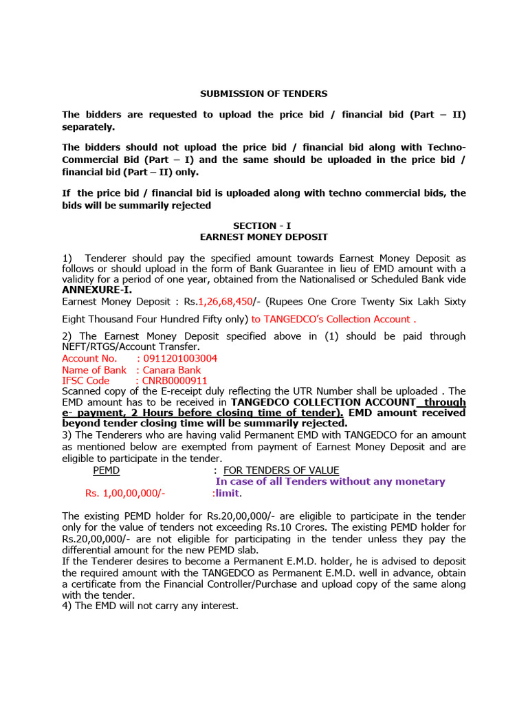 Tender Submission Guidelines and EMD Details | PDF | Specification ...