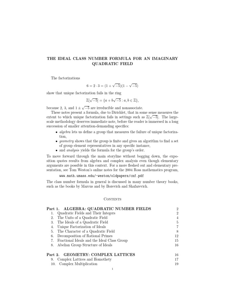 Imaginary Quadratic Class Number | PDF | Field (Mathematics) | Ring ...