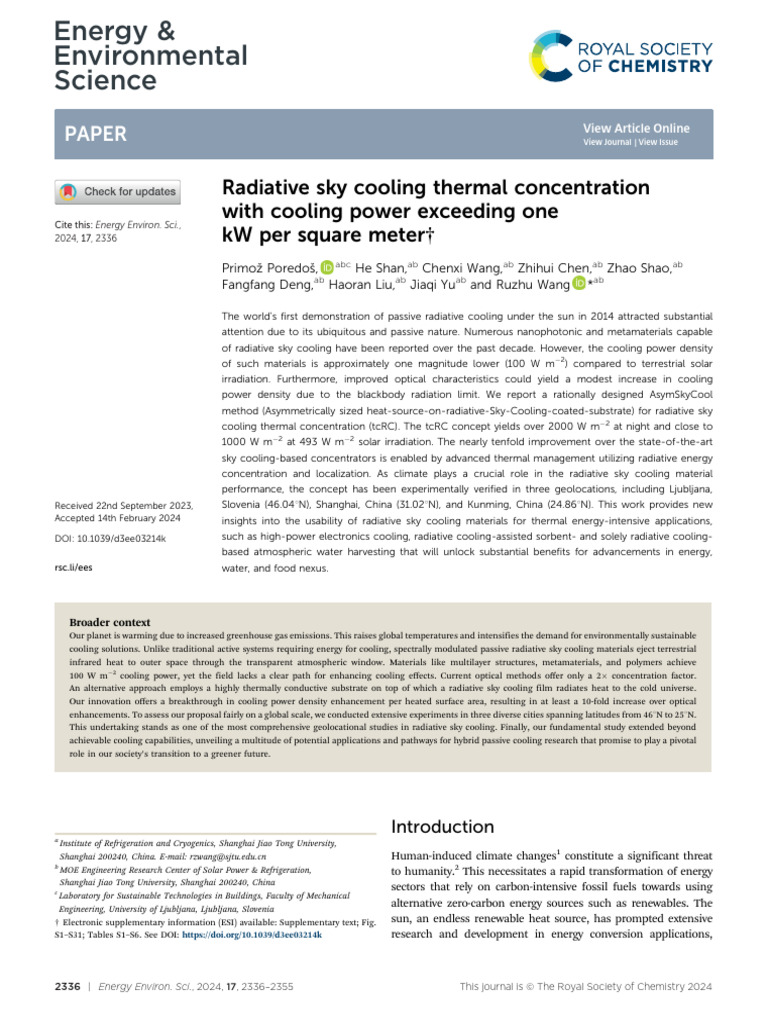 Paper: Radiative Sky Cooling Thermal Concentration With Cooling Power ...