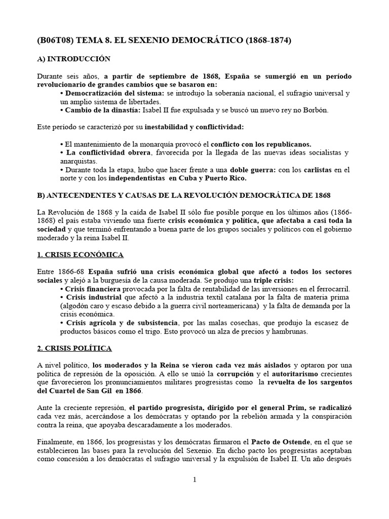 El Sexenio Democrático en España | PDF | Gobierno de españa | España