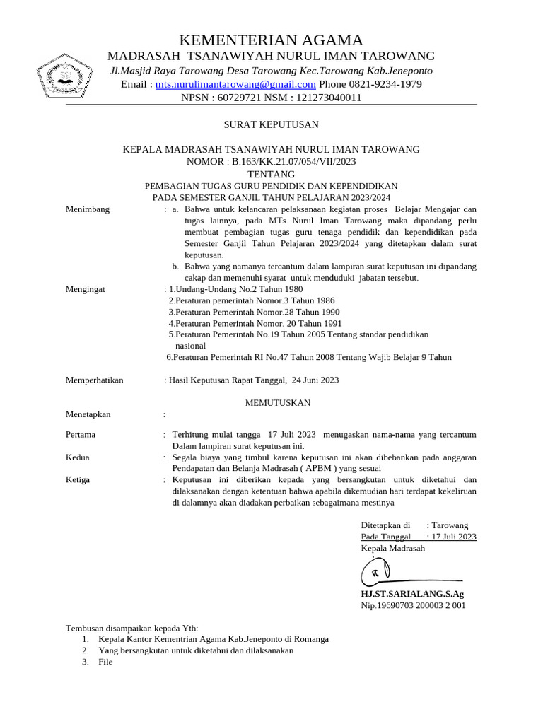 Pembagian Tugas Semester Ganjil Tp. 2023-2024 | PDF