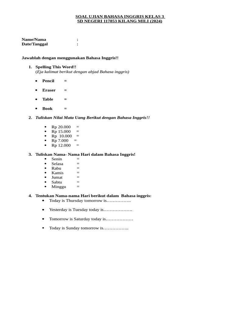 Soal Ujian Bahasa Inggris Kelas 3 | PDF