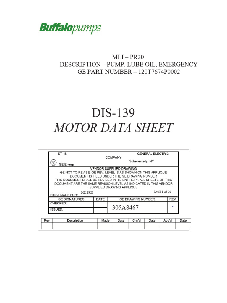 Motor Data Sheet: MLI PR20 Description Pump, Lube Oil, Ge Part Number ...