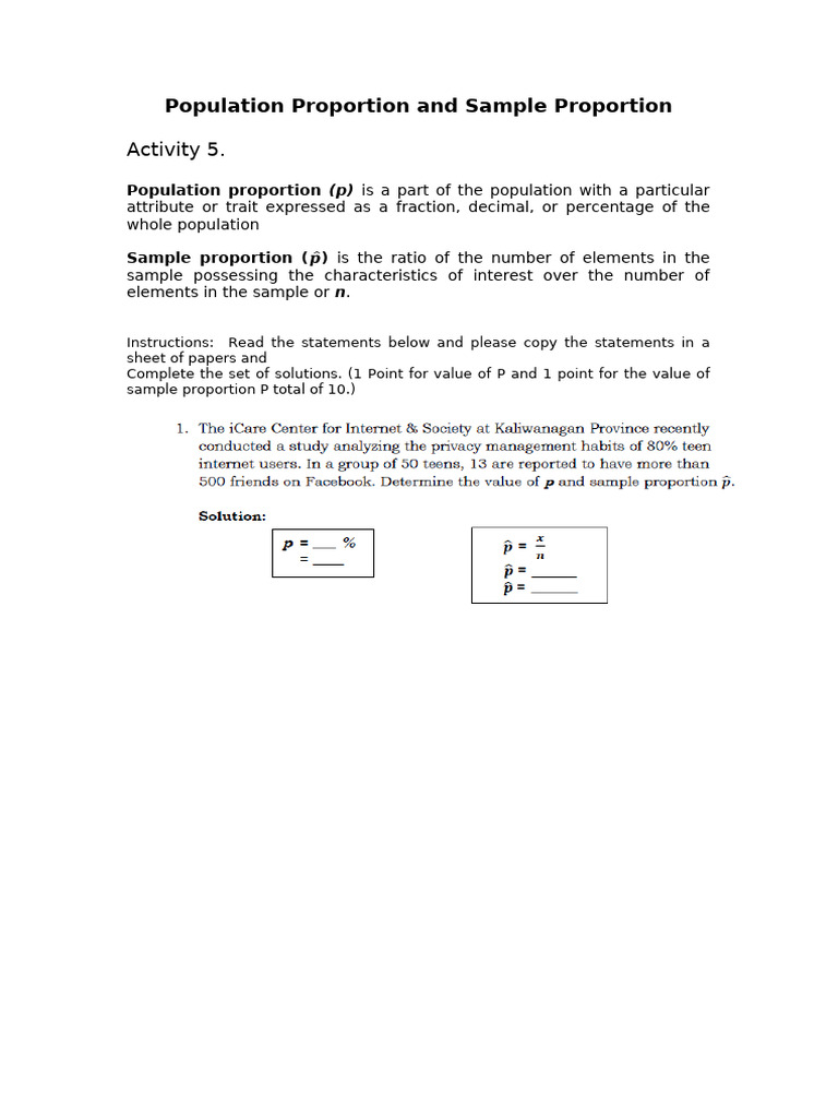Activirty 5 (Population Proportion and Sample Proportion) | PDF ...