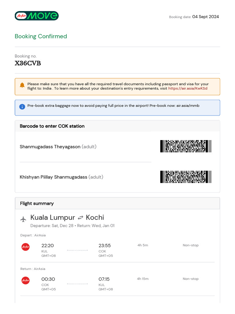 AirAsia Itinerary-X36CVB | PDF | Business