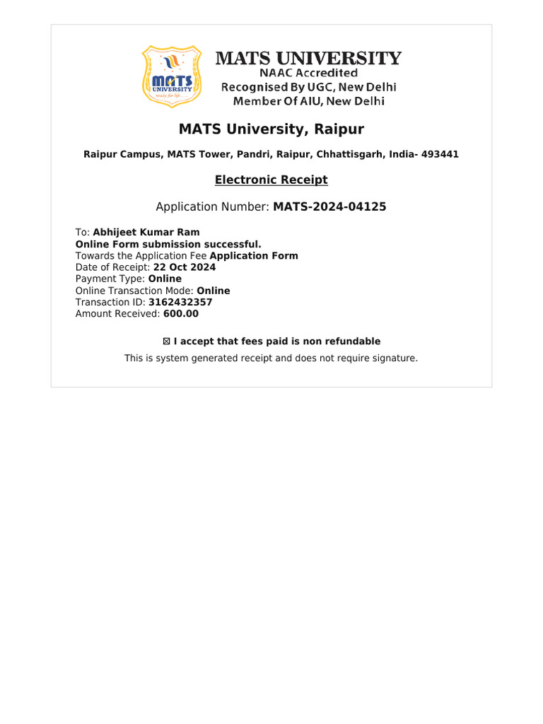 Acknowledgement Receipt MATS 2024 04125 | PDF