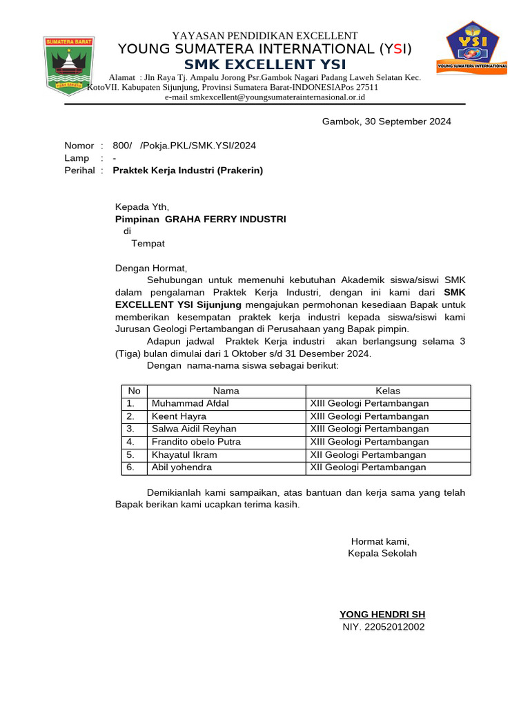 Surat Pengantar PKL 2024-2025 | PDF