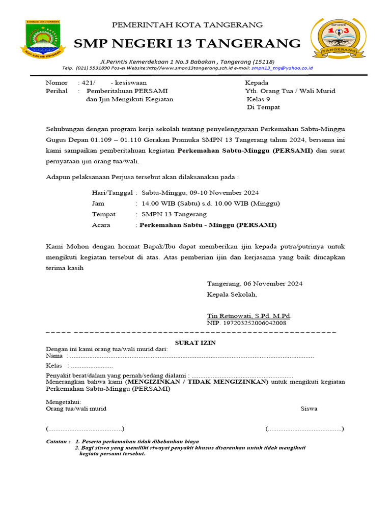 Surat Ijin Ortu Persami 2024 | PDF