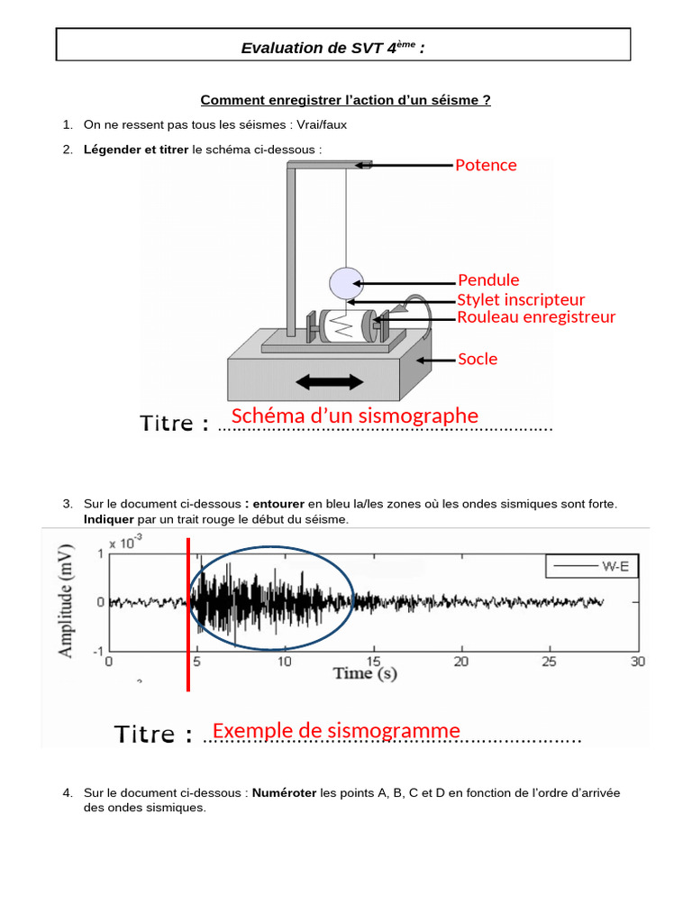 Évaluation SVT 4ème : Séisme et Sismogramme | PDF