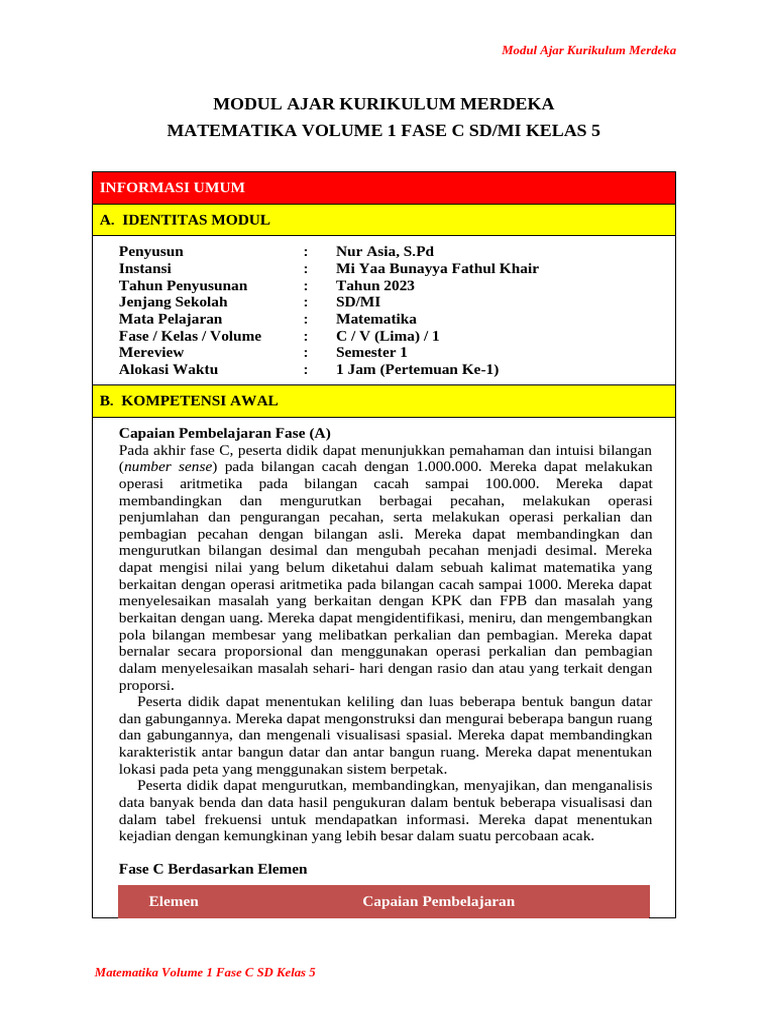Modul Ajar MTK Volume 1 Semester 1 | PDF