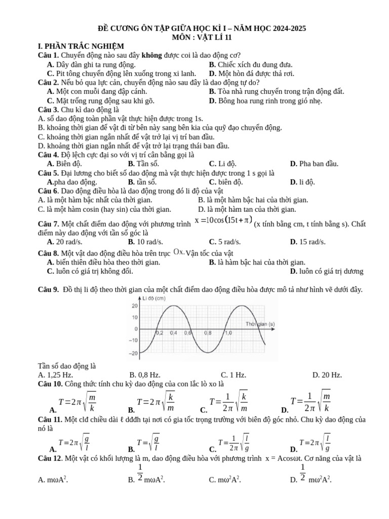 ĐỀ CƯƠNG ÔN TẬP GK1 VL11 24-25 | PDF