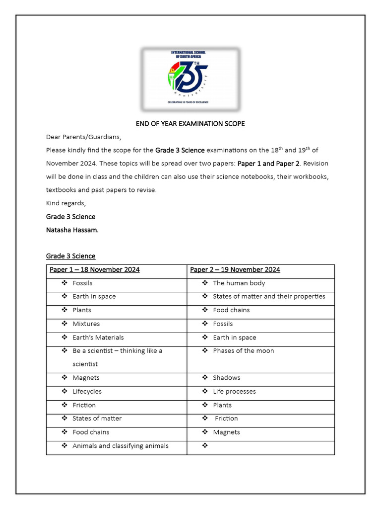 Science End of Year Examination Scope 2024 - 035018 | PDF