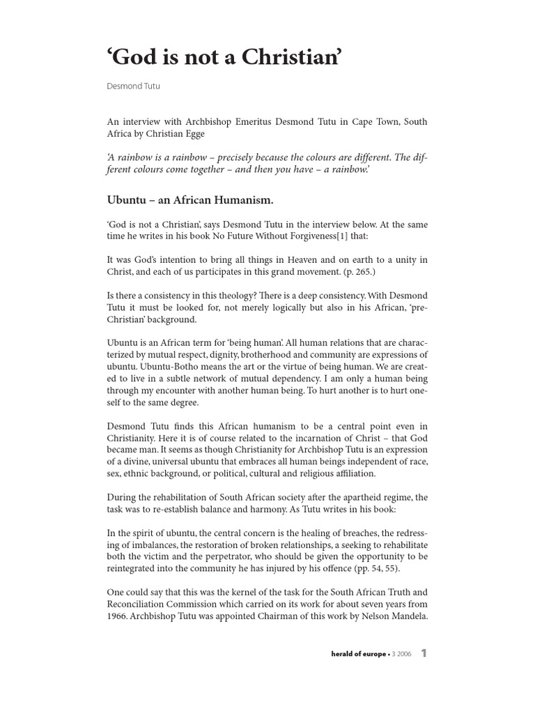 God Is Not A Christian': Ubuntu - An African Humanism | PDF | Soul | God