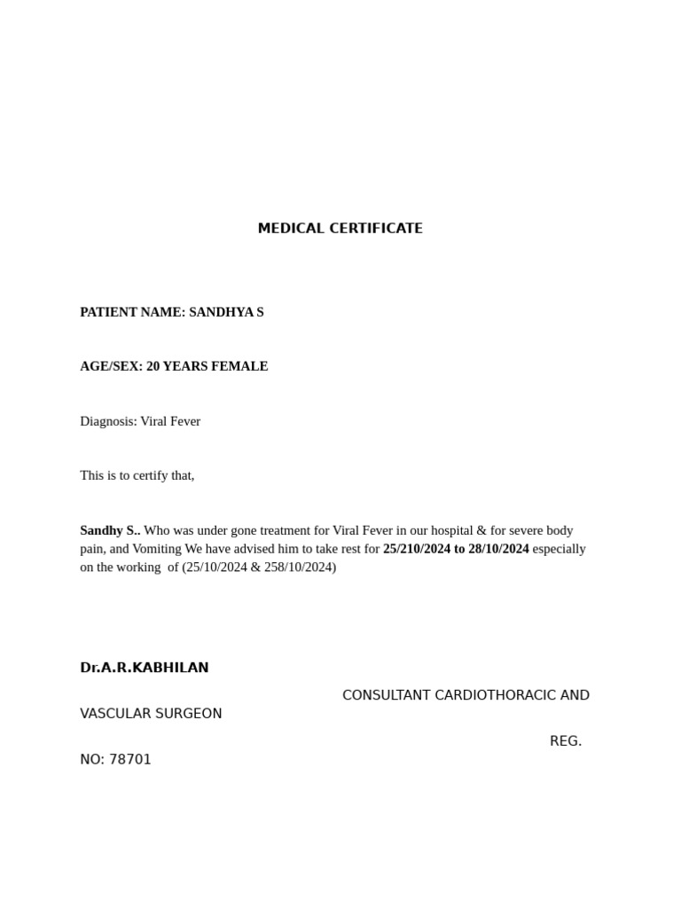 Medical Certificate: Patient Name: Sandhya S | PDF