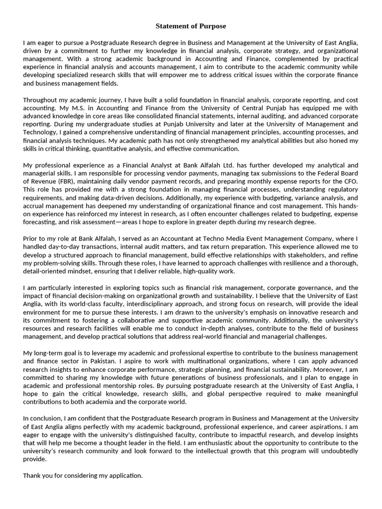 Amna Tareen - UAE Statement of Purpose | PDF | Sustainability | Accounting