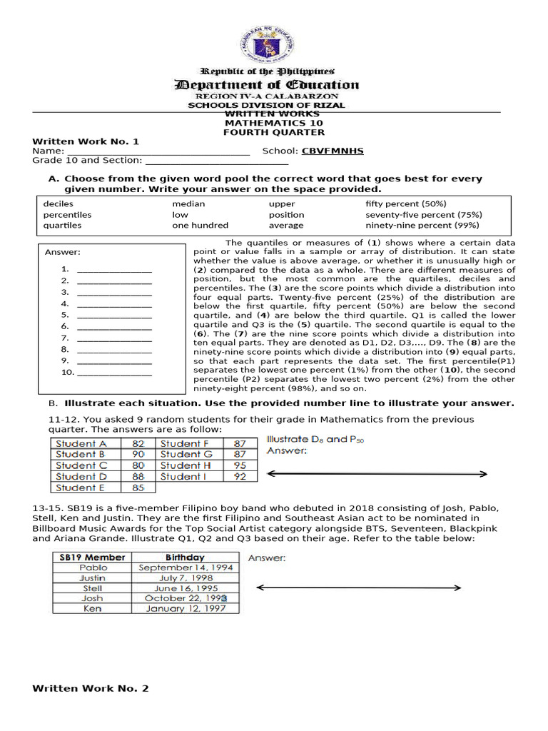 MATH 10 QUARTER 4 WW and PT 2023 2024 | PDF | Quartile | Quantile