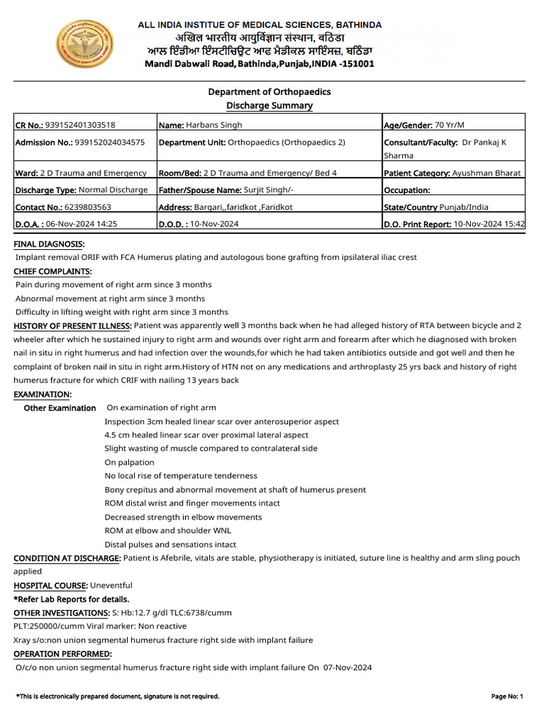 Harbans Humerus Shaft Fracture Discharge Card | PDF | Arm | Surgical ...