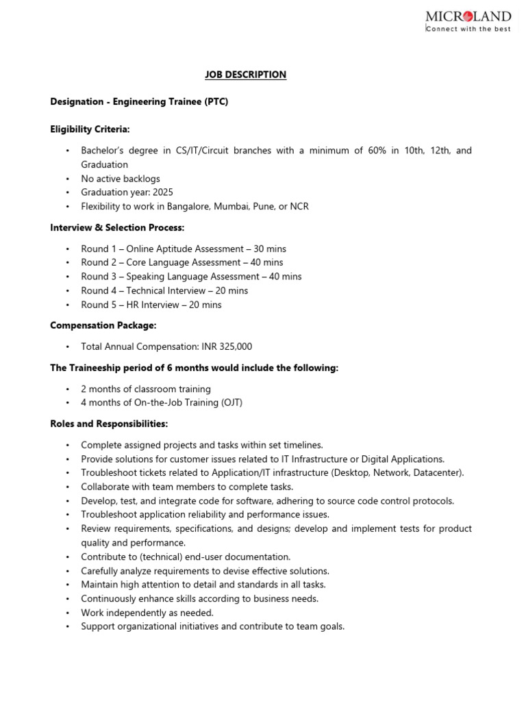 JD & FAQ'S - T3 - Engineering Trainee - PTC | PDF | Apprenticeship ...