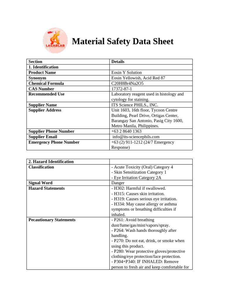 Eosin Y Solution MSDS Overview | PDF | Toxicity | Water