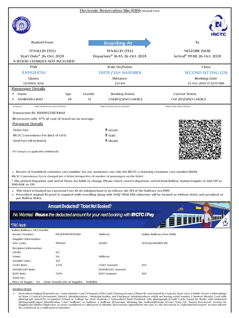 Jan Shatabdi Second Sitting (2S) : Electronic Reservation Slip (ERS) | PDF | Identity Document