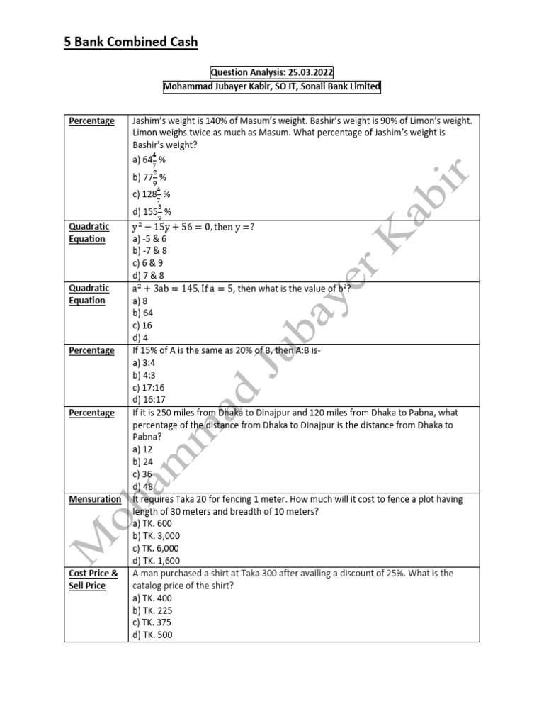 5 Bank Combined Cash - Mathematics | PDF | Area | Mathematics