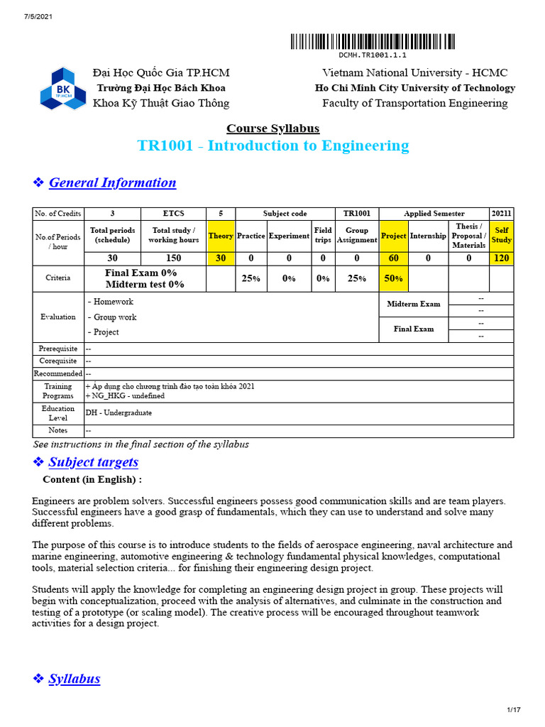 TR1001 - Course Syllabus - Introduction To Engineering | PDF | Force | Heat