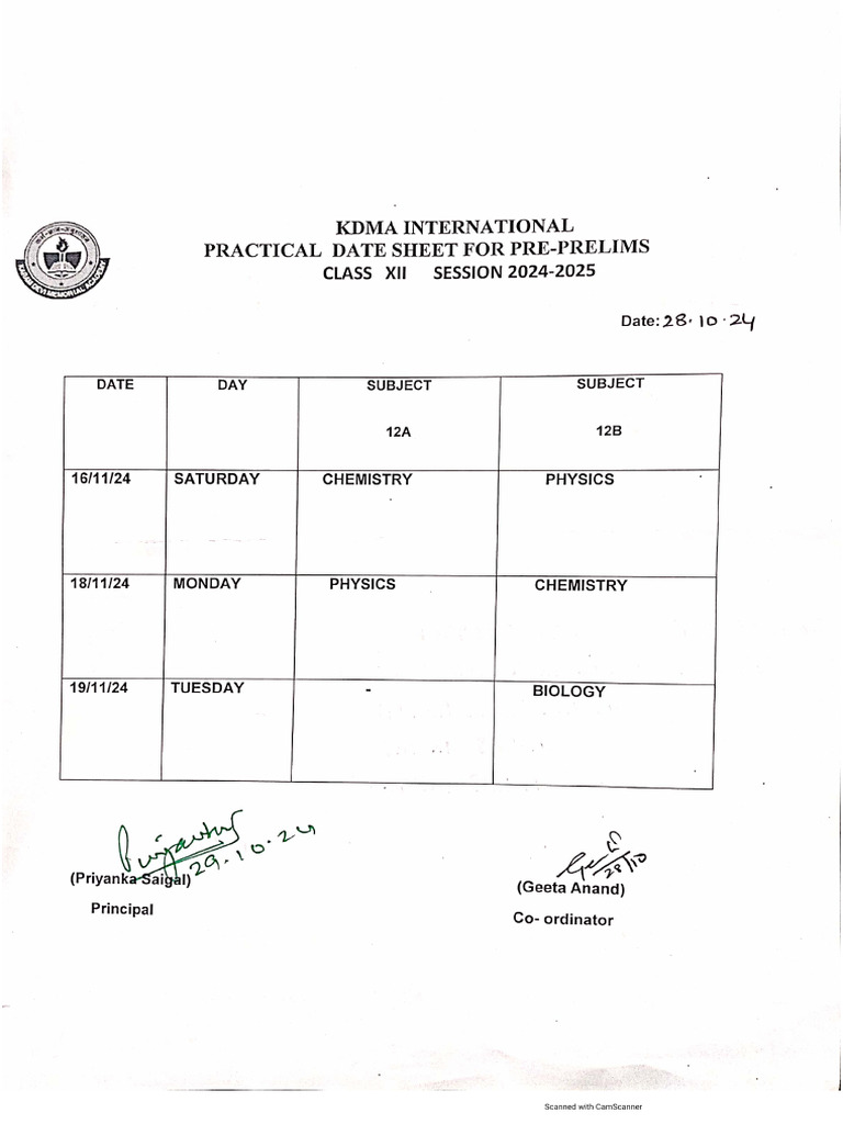 Date Sheet For Practical and Pre Prelims For Class-XII | PDF