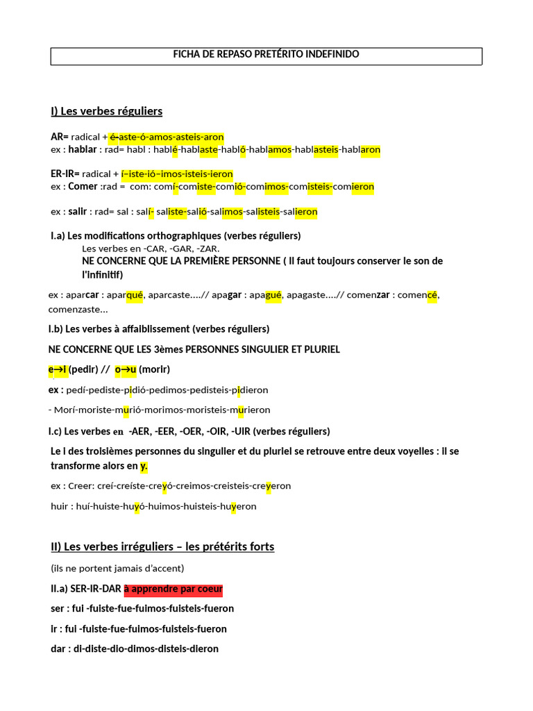 Fiche Révision Passé Simple Espagnol | PDF