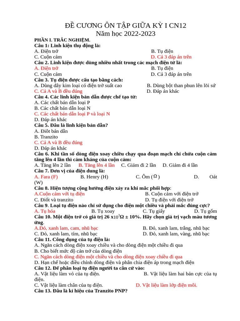 Đề Cương Ôn Tập Giữa Kỳ 1 CN12 | PDF