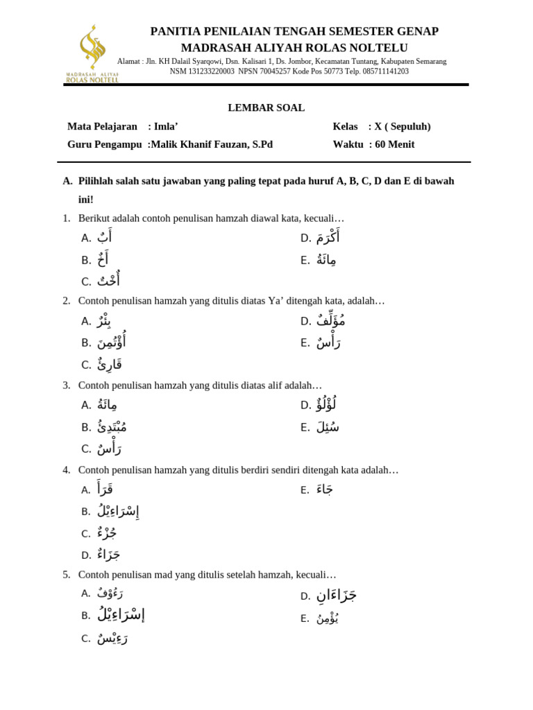 Soal Imla' PTS Genap 2024 | PDF