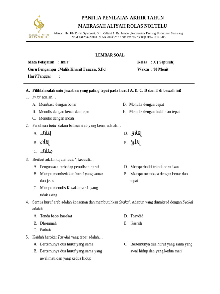 Soal Imla' X Pas Genap 2024 | PDF