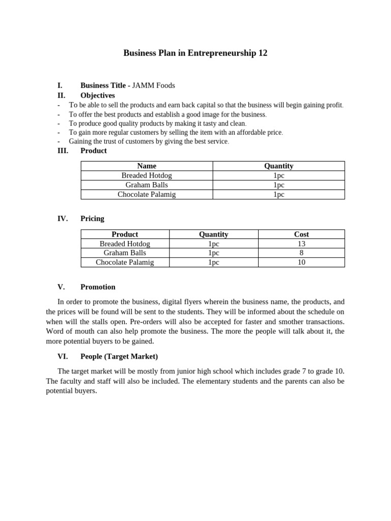 Business Plan in Entrep 12 | PDF | Breads | Bread Crumbs