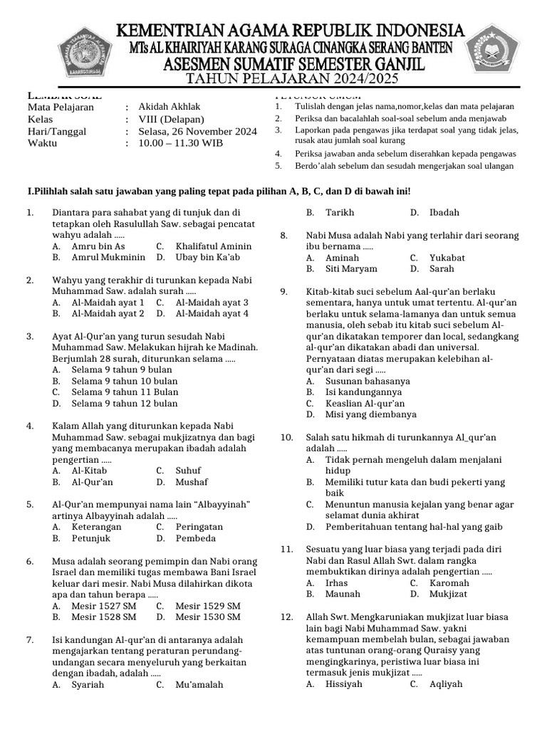 SOAL PAS Akidah Akhlak VIII | PDF