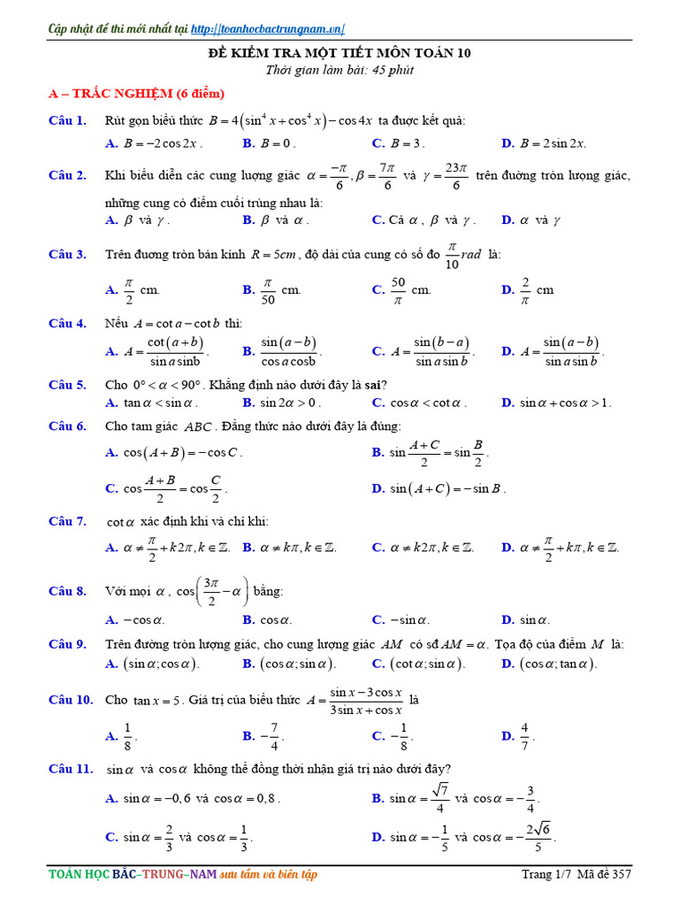 Kiem Tra 1 Tiet DS 10 Chuong 6 | PDF