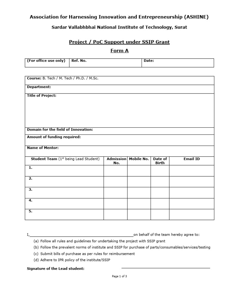 IGNITION - ASHINE - SSIP - PoC - Form A - Application Form | PDF