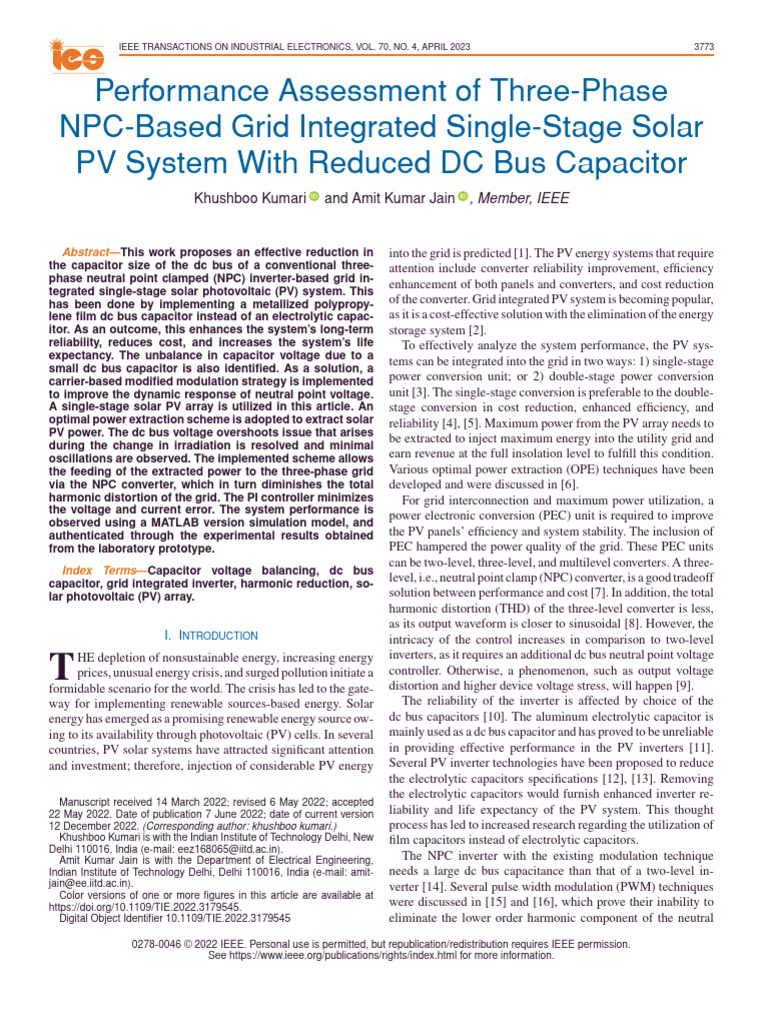 Performance Assessment of Three-Phase NPC-Based Grid Integrated Single ...