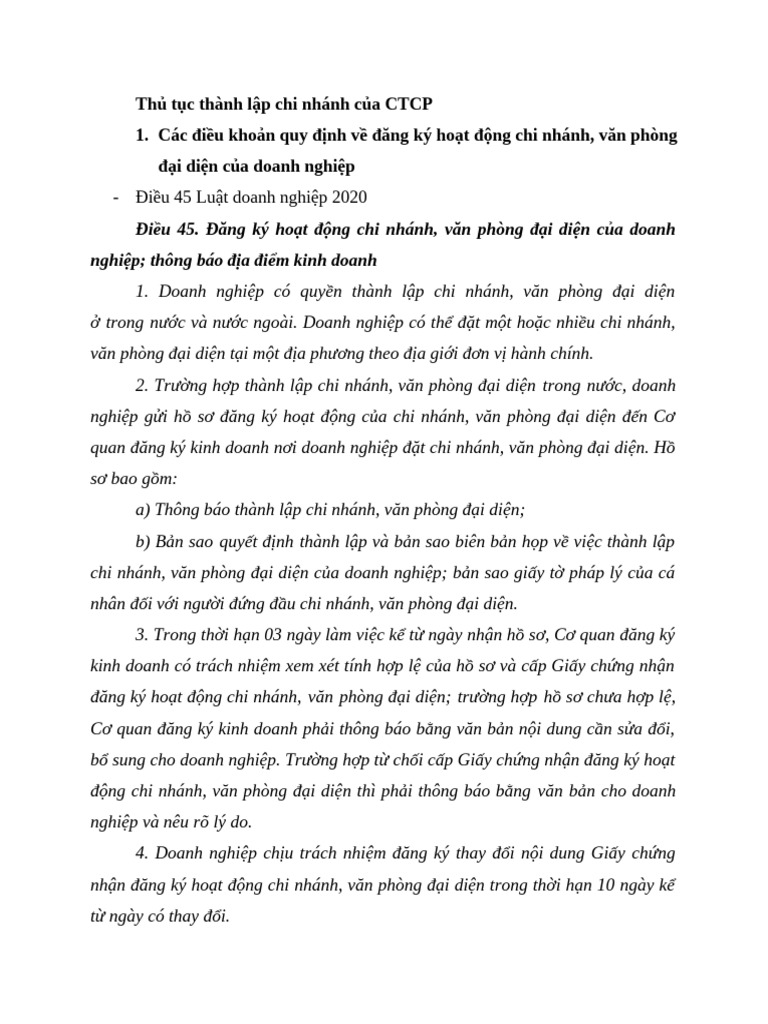 Thủ Tục Thành Lập Chi Nhánh Của CTCP | PDF