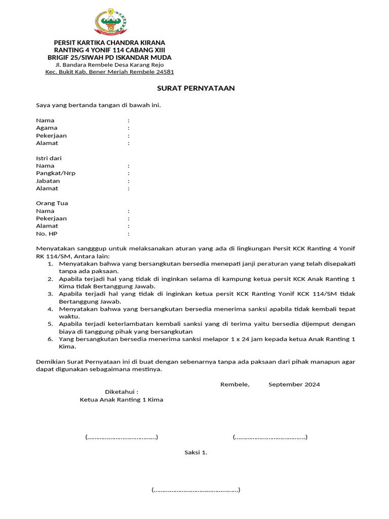Surat Pernyataan Persit | PDF